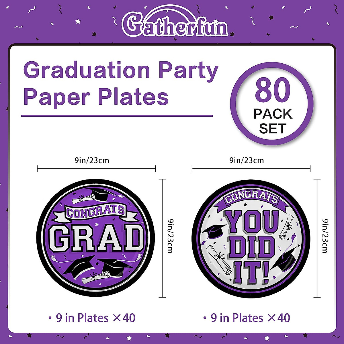 Gatherfun 2024 Graduation Party Supplies purple Dinnerware Disposable Paper Plates for Congrats Grad Party Decorations, Serve 80