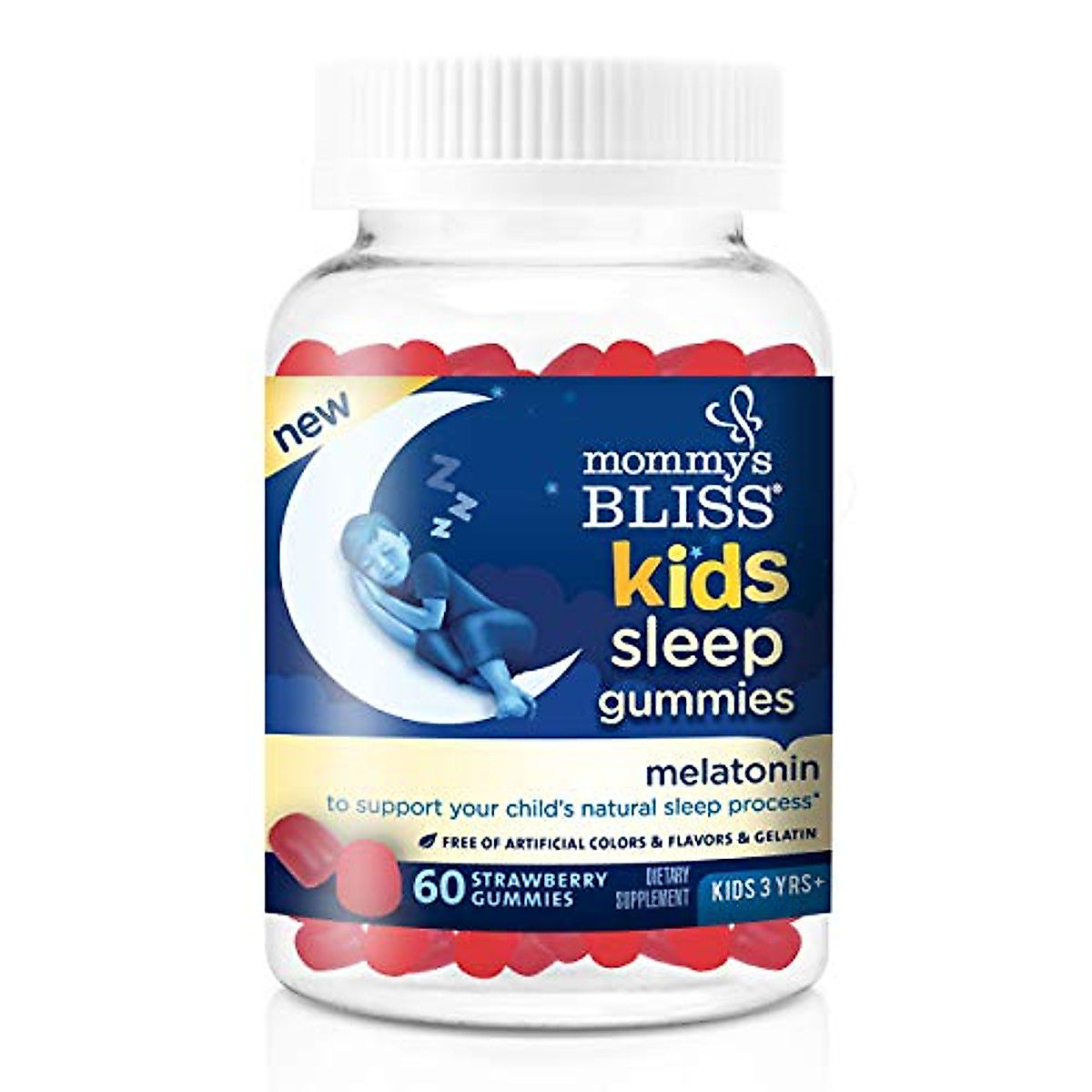 Mommy's Bliss Kids Sleep Melatonin Gummies: Free of Artificial Colors, Flavors, or Gelatin, Strawberry Flavor, Age 3+, 60 Gummies