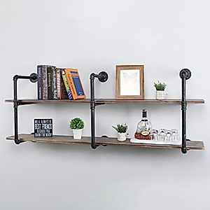 Industrial Pipe Floating Shelves,2 Tiers Wall Mount Bookshelf,63in Rustic Wall Shelves,DIY Storage Shelving Wall Shelf,Rustic Wall Shelving Unit,Wall Book Shelf for Home Organizer,Black Brushed Silver