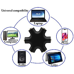 zdyCGTime Headphone Splitter, 3.5mm Stereo Audio Headset Adapter 3.5mm 6-Port Music Sharer, 3.5mm 6 Port Female Headphone Splitter Audio Connector with 3.5mm M/M TRS Stereo Plug Cable(Black)