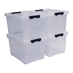 Sandmovie 40 Quart Clear Large Plastic Storage Bin, Latching Storage Box with Lids and Wheels, Pack of 4
