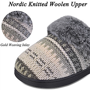 DL Women's House Slippers with Fuzzy Plush Faux Fur Collar, Memory Foam Slip on House Shoes with Indoor Outdoor Anti-Skid Rubber Sole, Grey/white, 7-8