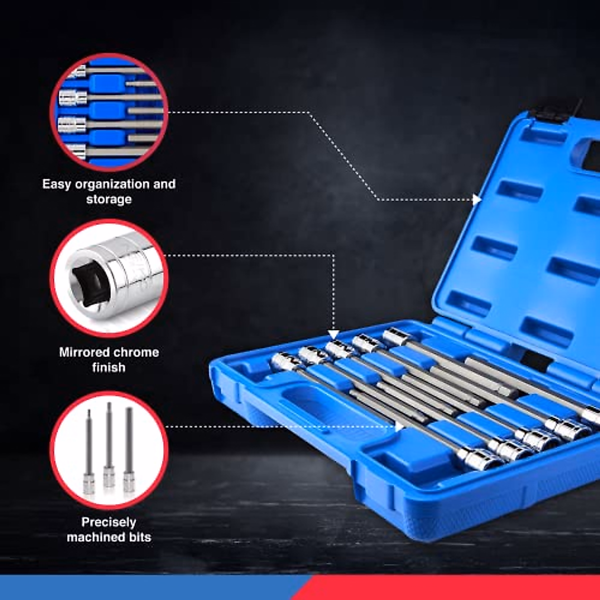 Neiko 10076A 3/8-Inch Drive Extra Long Allen Hex Bit Socket Set, Metric, 3 mm - 10 mm | S2 and Cr-V Steel, 7-Piece Set