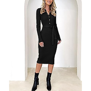 BTFBM 2023 Women V Neck Long Sleeve Bodycon Sweater Dress Button Up Tie Waist Ribbed Knit Midi Pencil Dresses with Belt(Solid Black, Large)