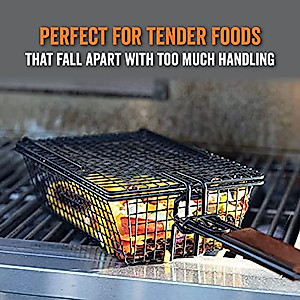 Yukon Glory Premium Grilling Basket, Designed Grill Vegetables, Seafood, Poultry and Meats, Unique Locking Mechanism to Easily Flip Food, Foldable Handle for Compact Storage