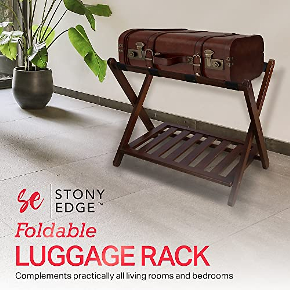 Stony Edge folding luggage rack for guest room Perfect sized 26.75”x16”x22.25” with Extra Shelf Storage - Suitable for Luggage, Suitcase and Shoes (WALNUT)