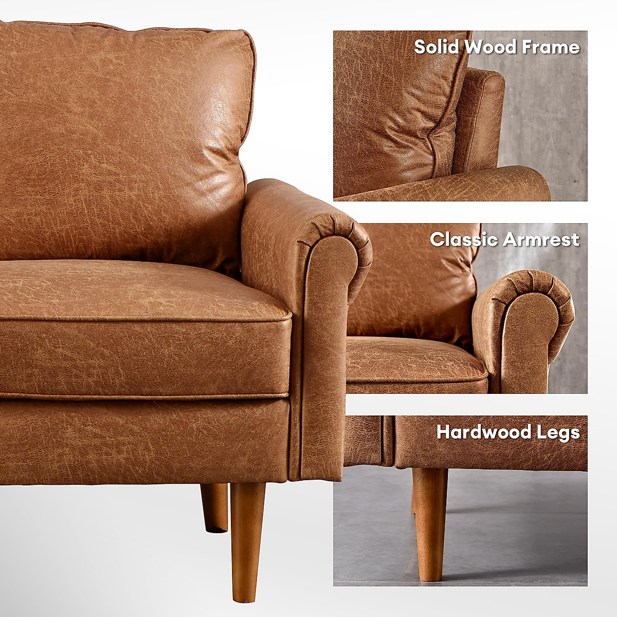 CAODOC Sofa Couches, 73” Mid-Century Modern Couch, Breathable Faux Leather Couch, 3-Seat Sofas & Couches, for Living Room Apartment Office,Brown