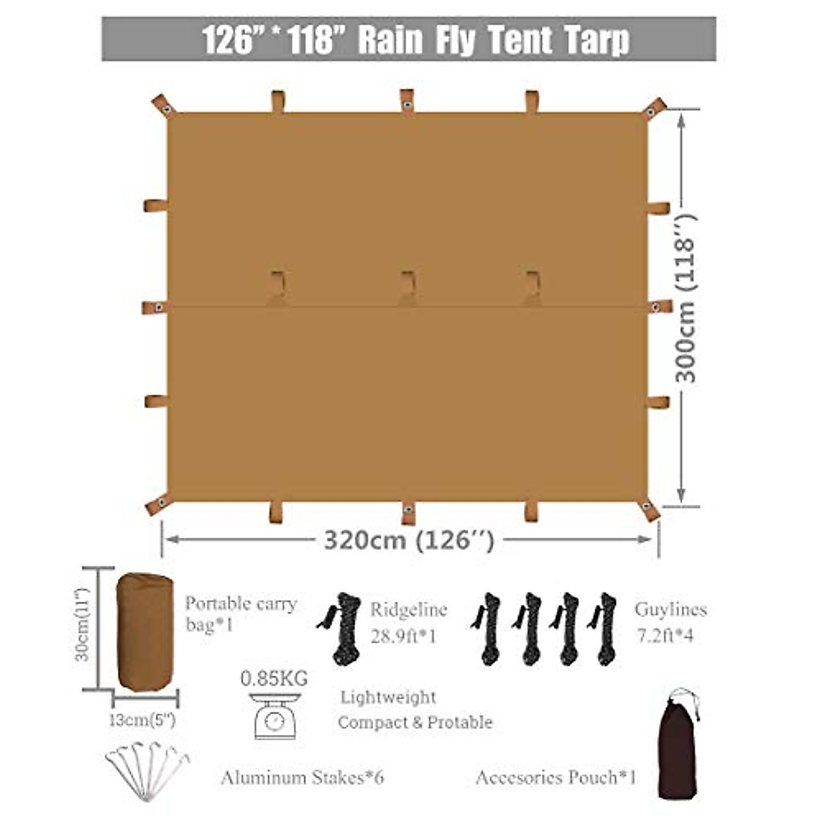 Waterproof Camping Tent Tarp Hammock Rain Fly - 118”x125”/177”x216”,Lightweight UV Protection Sun Shade Canopy,Multifunctional Footprint for Hiking,Backpacking (Green 9.8X 10ft)