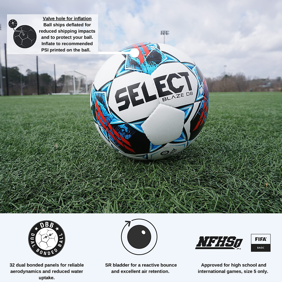 Select Blaze DB V22 Soccer Ball, 8-Ball Pack with Duffle Ball Bag and Hand Pump, White/Red/Blue, Size 5