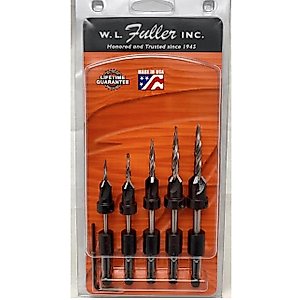Set of 5 Countersinks with Hex Shank Taper Point Drills & 1 - Hex Key, by W. L. Fuller, for # 5, 6, 8, 10, & 12 Screws Made in The USA