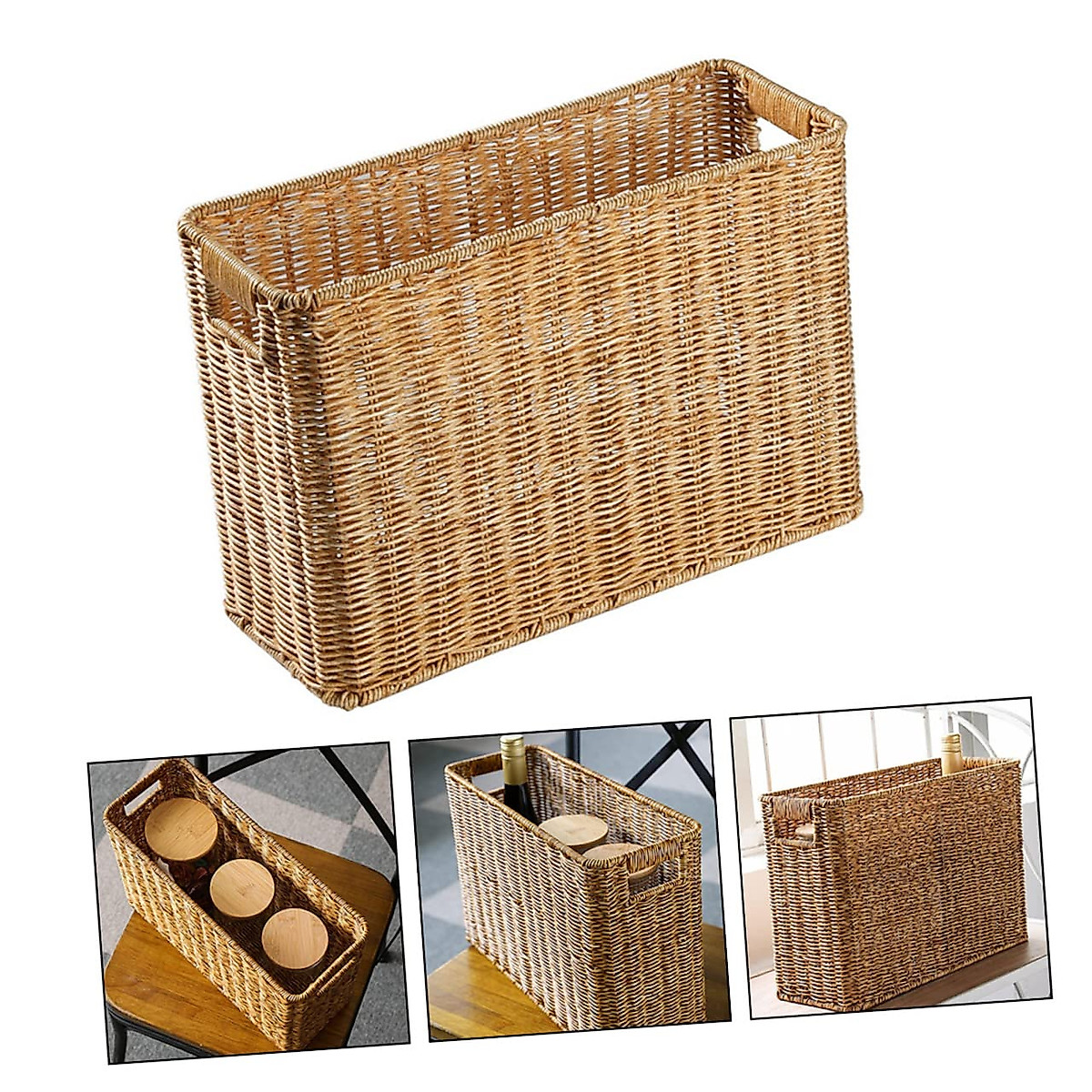 CAXUSD Magazine Newspaper Basket Toy Containers Farmhouse Basket Toilet Paper Baskets Rattan Magazine Holder Shelf Bracket Rustic Book Shelf Baskets Woven Make up Storage Cabinet Plastic