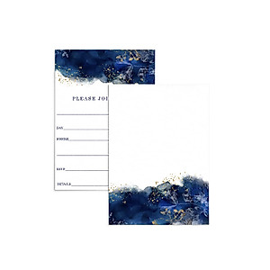 Blue Invitations with Envelopes, All Occasion Party Invites for Wedding, Birthday, Bridal Shower, Graduation, Reception, 5x7 Blank Cards, Gold Watercolor Floral, 25 Count