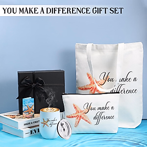 5 Pcs Employee Appreciation Gift Set, 12 oz Stainless Steel Wine Tumbler Canvas Tote Bag Makeup Bag Starfish Inspirational Card with Gift Box for Women Graduation Teacher Nurse Secretary Assistant