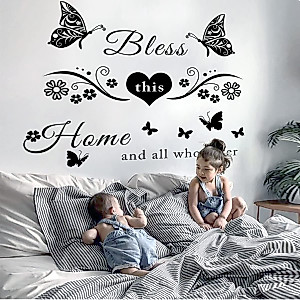 Vinyl Wall Stickers Quotes Wall Art Decal Sticker Bless This Home and All Who Enter Wall Decals Flowers Butterfly Wall Decor Sticker for Entryway Living Room Home Decor.
