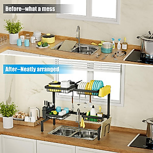 SNSLXH Four Baskets (one More Than Others) Large Sink Rack, 24.8"-35.4",Over The Sink Dish Drying Rack, Two-Tier Large Sink Rack for Kitchen, Retractable and Adjustable, Saving Kitchen Space