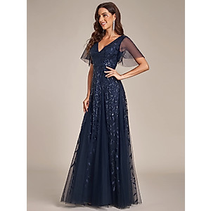 Ever-Pretty Women's Sequin Sparkly V-Neck Short Sleeve Maxi Evening Dress Prom Gowns Navy Blue US10