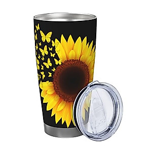 AYCZN Yellow Floral Butterfly 20 OZ Tumbler Stainless Steel Travel Coffee Mug, Sunflower Insulated Water Bottle with Lid and Straws Leakproof Thermal Cup