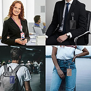 Life-Mate Badge Holder - Leather ID Card Holder Wallet Case with 3 Cards Slot and Neck Lanyard/Strap. Additional Retractable Badge Reel with Belt Clip (Black, Linen Finish)