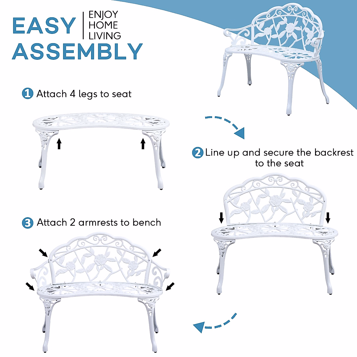Sun-Ray Outdoor Patio Bench with Rose Detail in White, Cast Aluminum and Cast Iron Bench for Garden, Park, Patio, & Deck