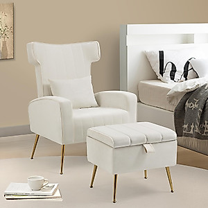 X-VOLSPORT Wingback Accent Chair and Storage Ottoman Set for Living Room Bedroom, Modern Upholstered Velvet Armchair with Footrest & Gold Metal Legs, White, Pillow Included