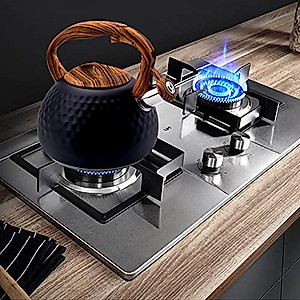 GGC Tea Kettle for Stove Top, Loud Whistling Kettle for Boiling Water Coffee or Milk, 2.7 Quart 3L Heavy Stainless Steel Black Kettle with Wood Pattern Handle, Unique Button Control Kettle Outlet