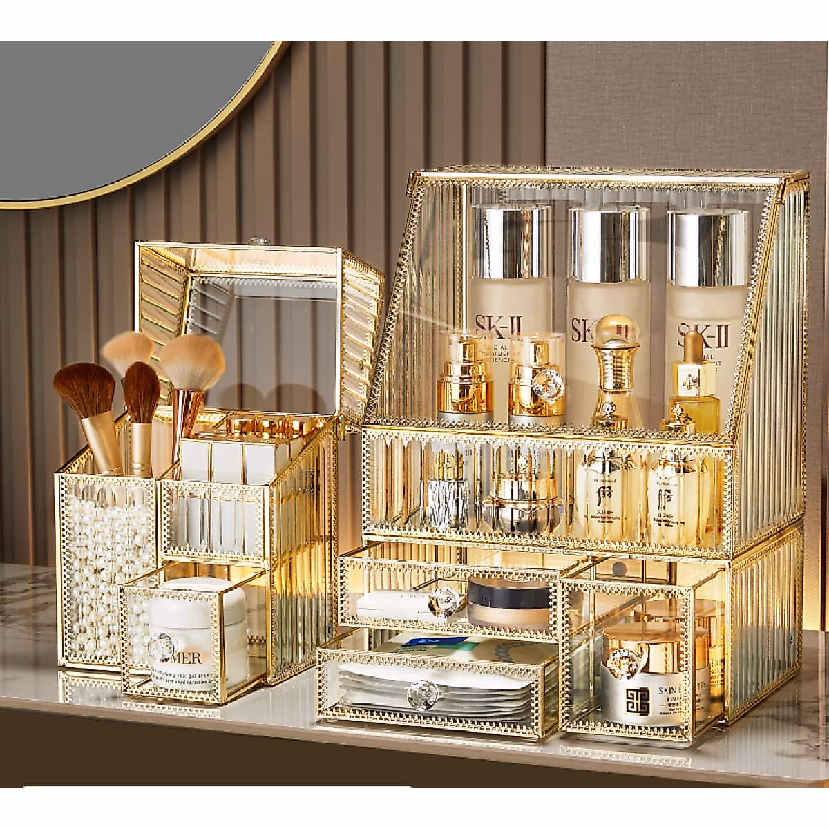 Stackable 3Pieces Drawer Set Glass Makeup Organizer Antique Countertop Vanity Cosmetic Storage Box Mirror Glass Beauty Display, Holder for Brushes Lipsticks Skincare Toner with free Pearl (Gold)