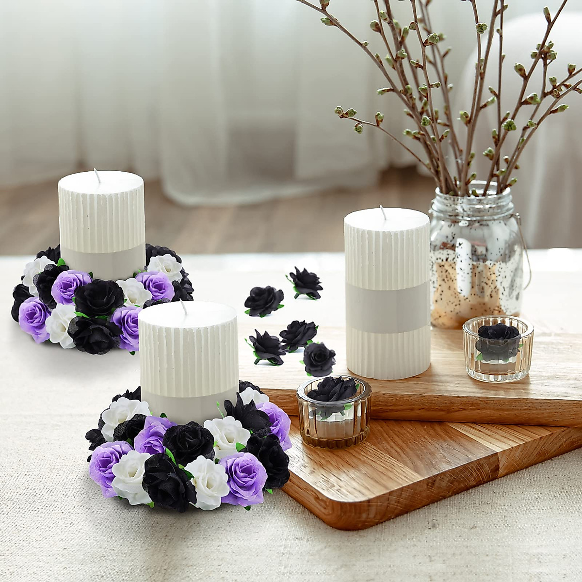 Kesoto 50pcs Black Roses Artificial Flowers Bulk, 1.6 Inch Small Silk Fake Roses Flower Heads for Decoration, Crafts, Wedding Halloween Party Home Decor