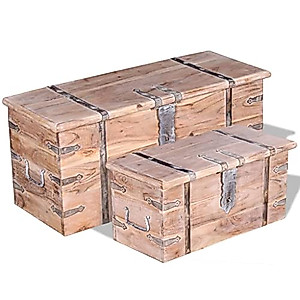 SKM 2 Piece Storage Chest Set Acacia Wood Coffee Table, Couch Table, Living Room Table, Side Table, End Table with Storage Chest