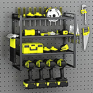 Power Tool Organizer, 4 Layers Garage Tool Organizers and Storage，Drill Holder Wall Mount, Storage Rack for Cordless Drill, Heavy Duty Tool shelf with Screwdriver Holder/Pliers Holder/Hammer Holder