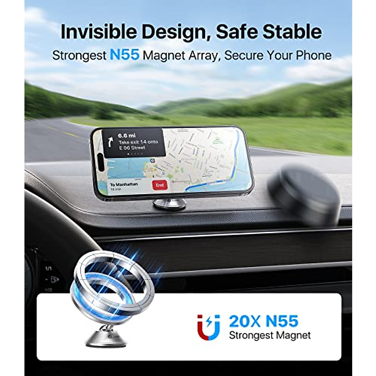 andobil Magnetic Phone Holder for Car [Fashion Bling, Invisible Mini] Compatible with MagSafe 3 Pop-Socket iPhone 14 Pro Max 13 12 S23 S22 15 etc, 360° Rotation Dashboard Mount, Cute Car Accessories