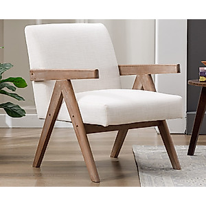 Kmax Beige Accent Chair Linen Fabric Mid Century Modern Living Room Chair Wood Frame for Guest Room Bedroom Reading Leisure Comfy