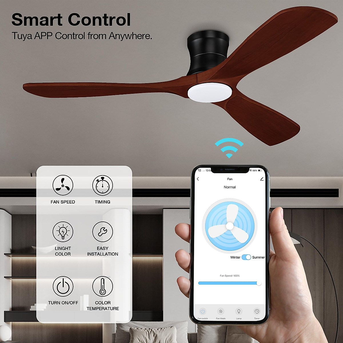 Hoenofly 52” Smart Wood Flush Mount Ceiling Fans with Lights Remote,Quiet DC Motor,Outdoor Indoor Low Profile Ceiling Fan,Voice WIFI Alexa App Control,Dimmable,6-speed,for Modern Bedroom Patio