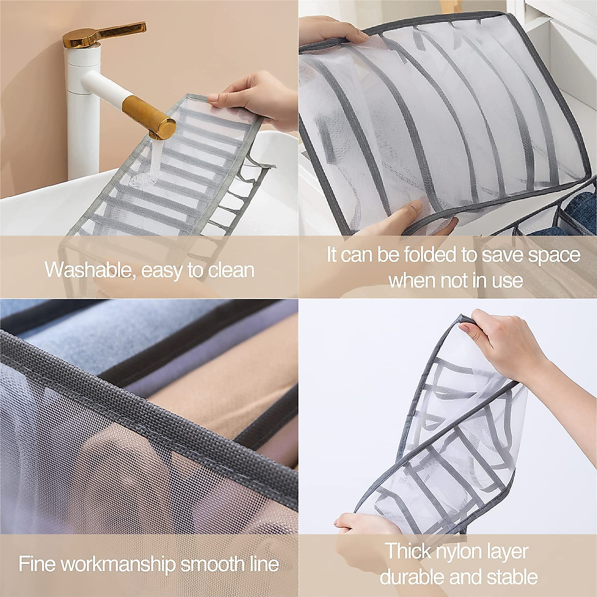 2 Pcs Wardrobe Clothes Organizer - 7 Grids Closet Organizers and Mesh Clothes Storage for Clothes, Washable Portable Foldable Drawer Organizers for Underwear, Leggings, Socks, Jeans, Skirts, T-Shirt