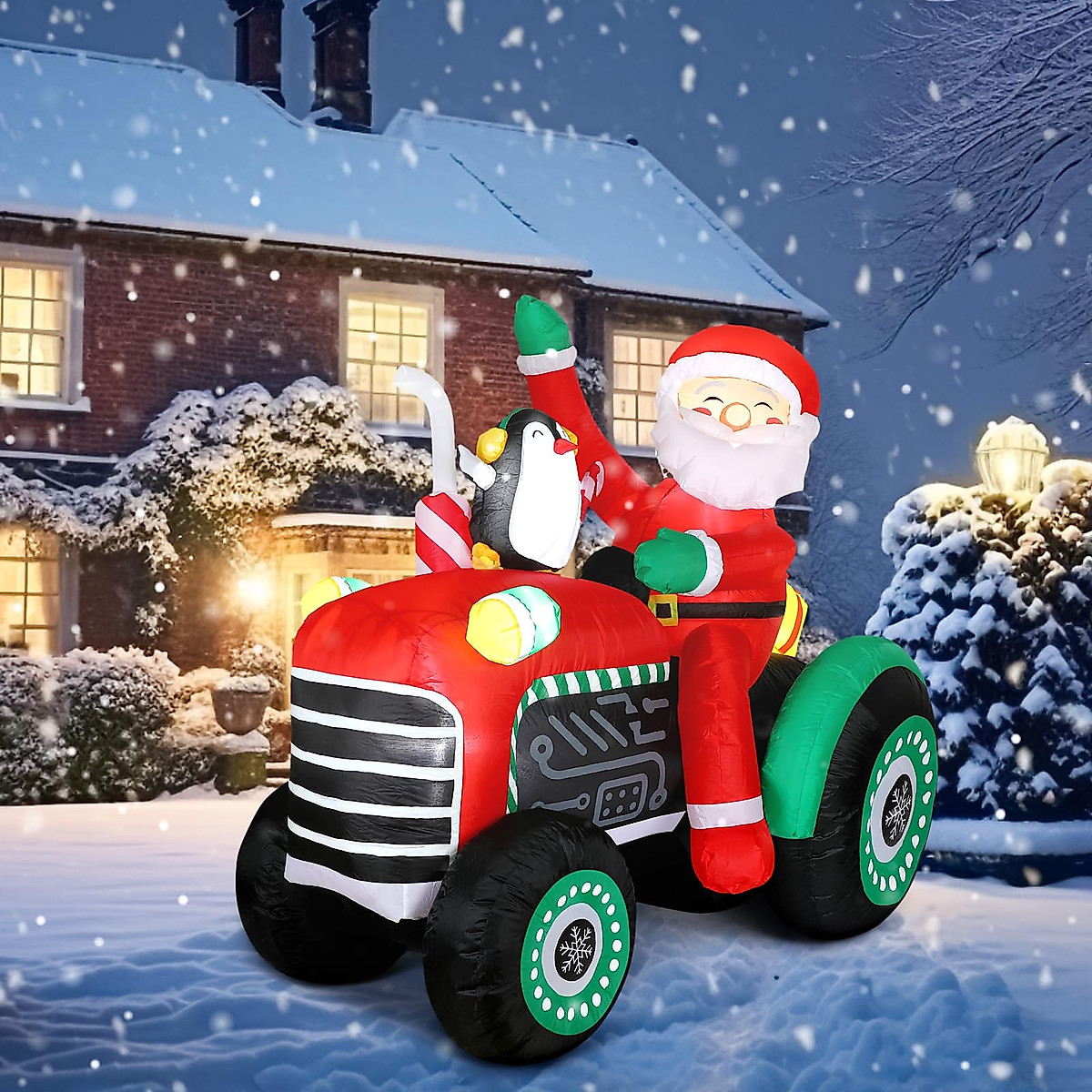 Retisee 5 Feet Tall Christmas Inflatable Santa Claus Drive Tractor with Penguin LED Holiday Outdoor Blow up Yard Decorations with Lights for Christmas Party Indoor Family Garden Lawn Decor