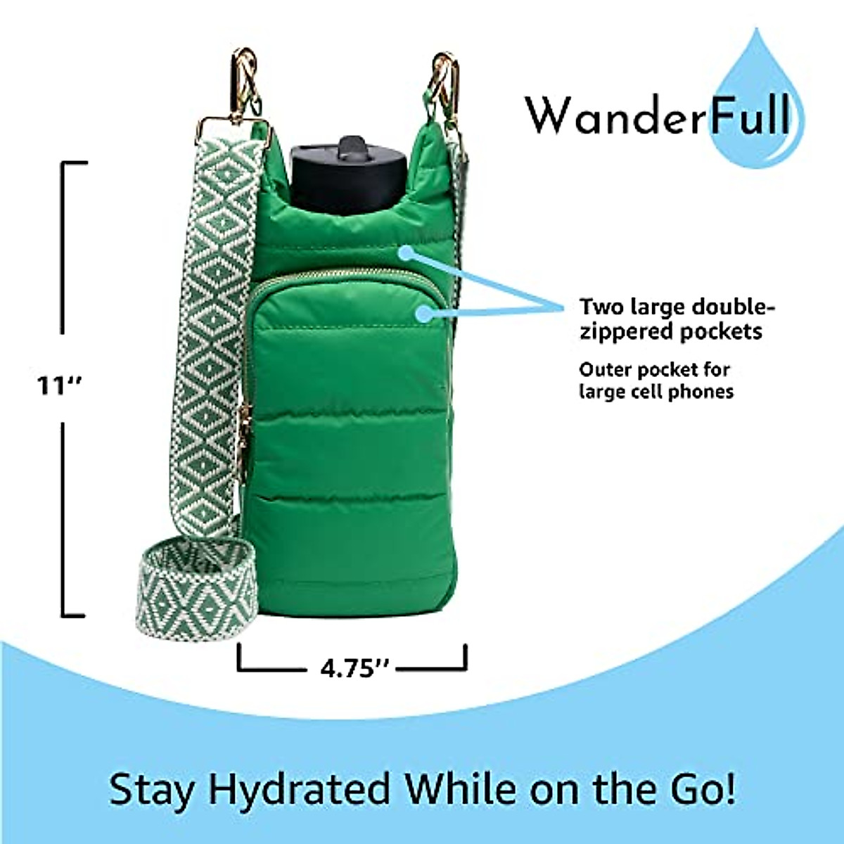 WanderFull Crossbody HydroBag - Water Bottle Holder - Quilted Bottle Bag - Water Bottle Carrier with Strap - Stylish Puffer Tote for Water Bottle (Green with Patterned Strap)