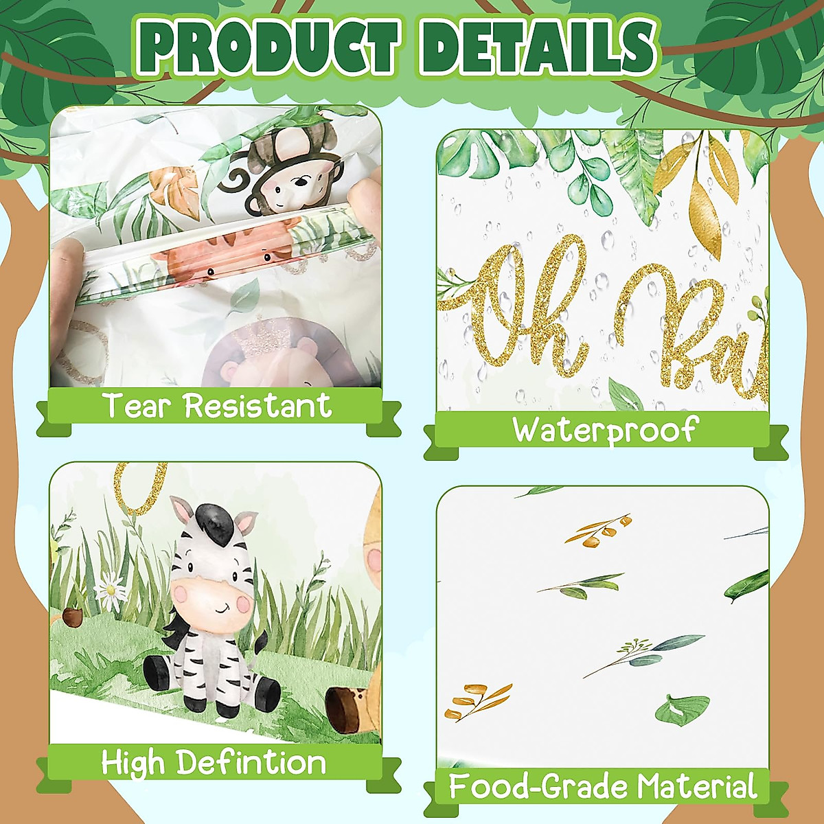 Weecent 6 Pcs Safari Baby Shower Tablecloths Jungle Animals Plastic Table Cloths,108×54 Inch Oh Baby Party Supplies Sage Green Baby Shower Decorations for Boys Kids