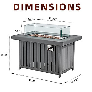 43'' Propane Fire Pit Table, 50,000 BTU Gas Fire Pit , CSA Certified Outdoor Patio Fire Table with Glass Wind Guard, Fire Glass and Lid, Safe for Garden Deck Patio Backyard (Grey)