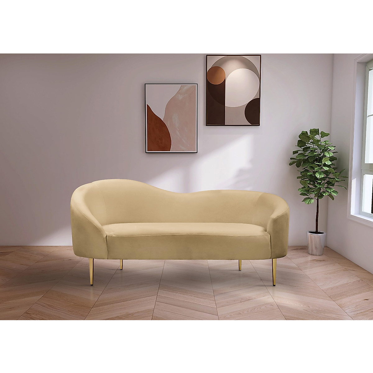 Meridian Furniture 659Camel-L Ritz Collection Modern | Contemporary Upholstered Loveseat with Rich Camel Velvet, Gold Metal Legs, Curved Contemporary Design, 67" W x 31.75" D x 30.5" H, Camel
