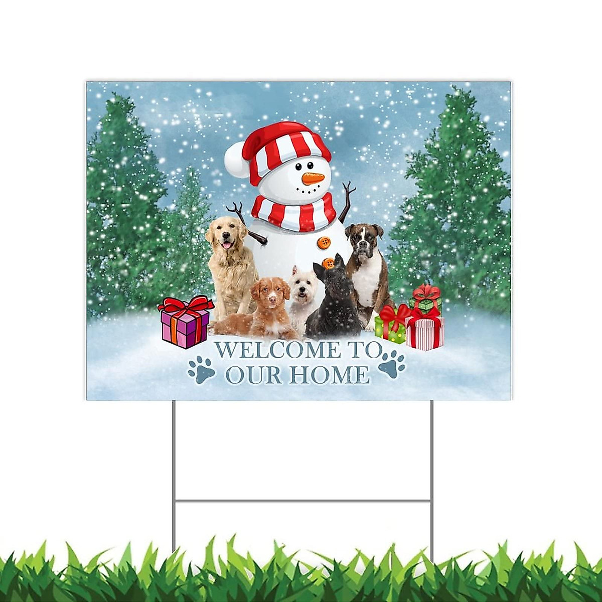 Garden Lawn Sign Christmas Welcome to Our Home Dogs and Snowman Corrugated Yard Sign Quotes Holiday Snowman for Garage Sales Rent Open House Construction 12"x18"