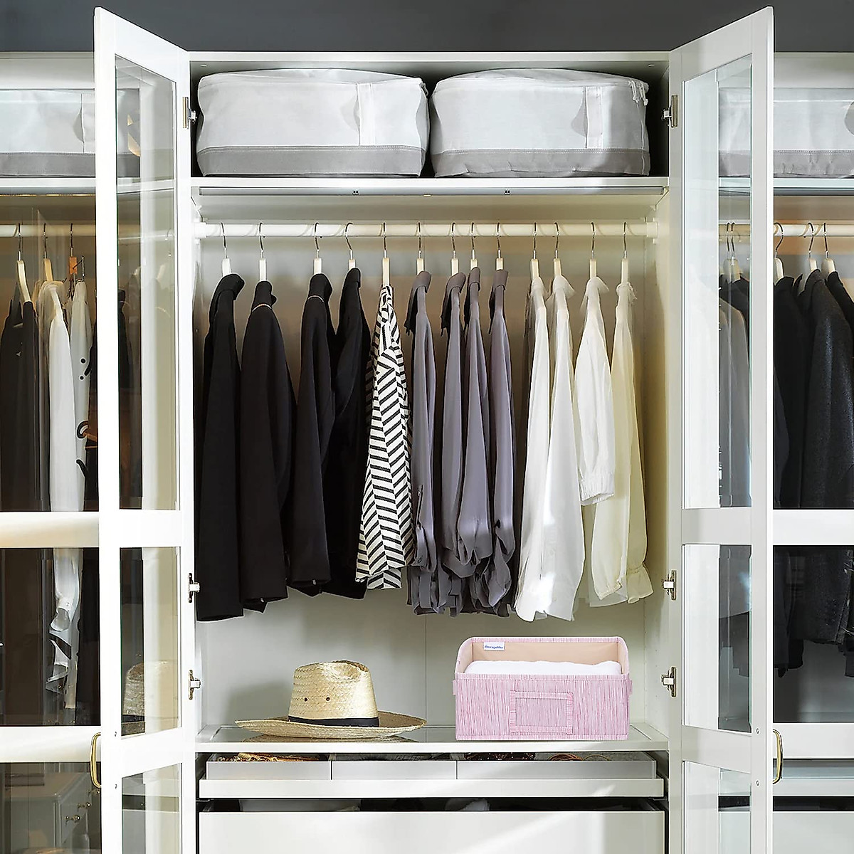 iStorageMax Closet Storage Bin, Collapsible Closet Shelf Organizer, Fabric Trapezoid Storage Baskets with Handle and Label Holder for Home Office, Pink, Medium, 3 Pack