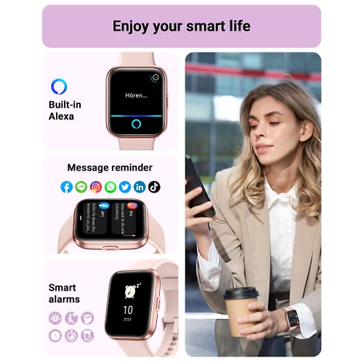 Smart Watch for Men Women(Call Receive/Dial), Alexa Built-in, 1.7" Touch Screen Fitness Tracker with Heart Rate Sleep Tracking, 60 Sports Modes, 5ATM Waterproof Smartwatch for Android iPhone, Pink