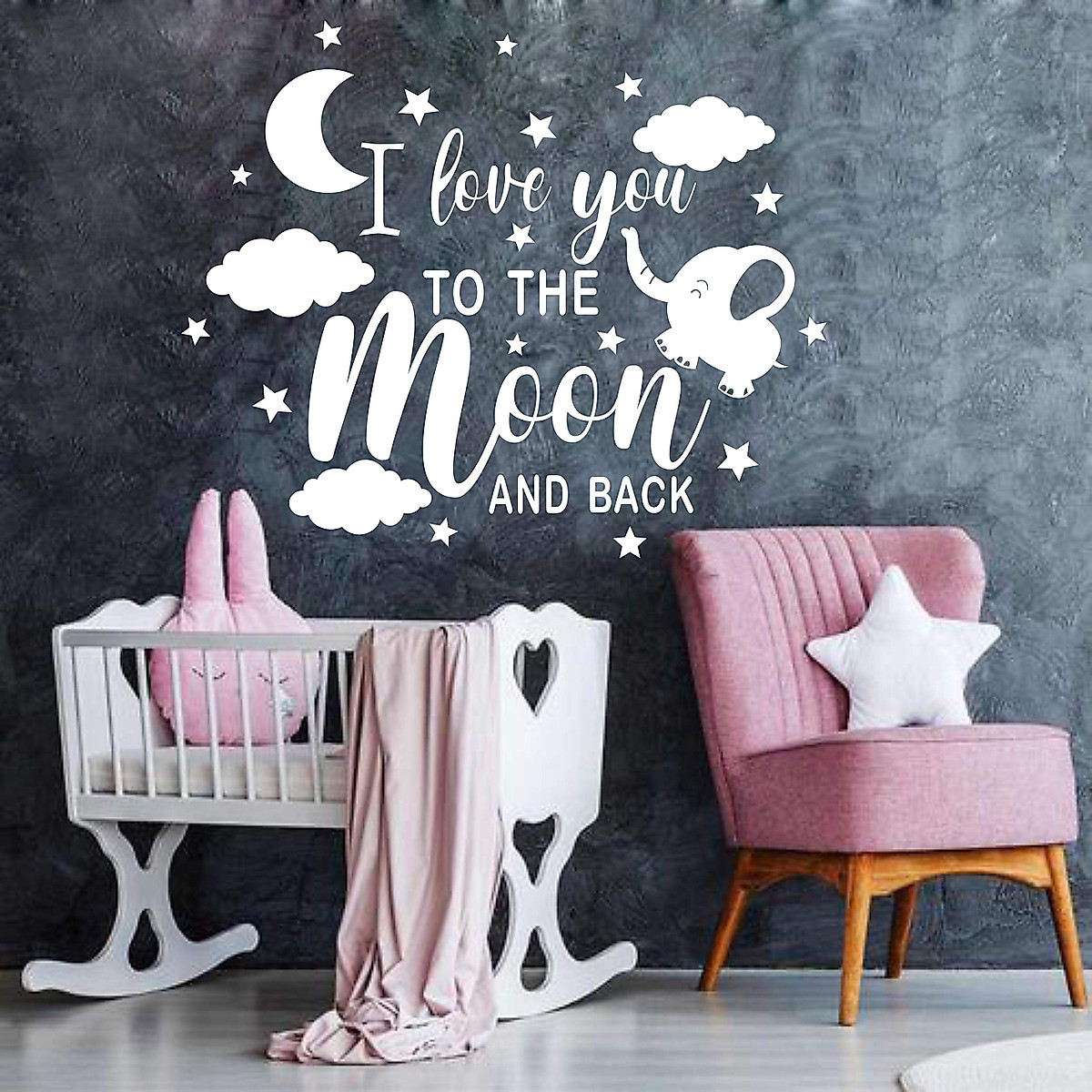 DDK I Love You to The Moon and Back Elephant Baby Kids Wall Decals Moon Stars and Clouds Space Wall Art Decals (White)