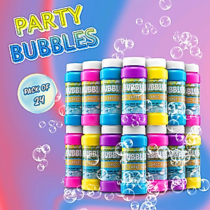 Party Bubbles for Kids - (Bulk Pack of 24) 2-oz Bubbles Bulk Solution with Bubble Wands Assorted Neon Colors for Outdoor Toys Summer Games, Birthday Kids Party Favors, & Goodie Bags Stuffers for Kids