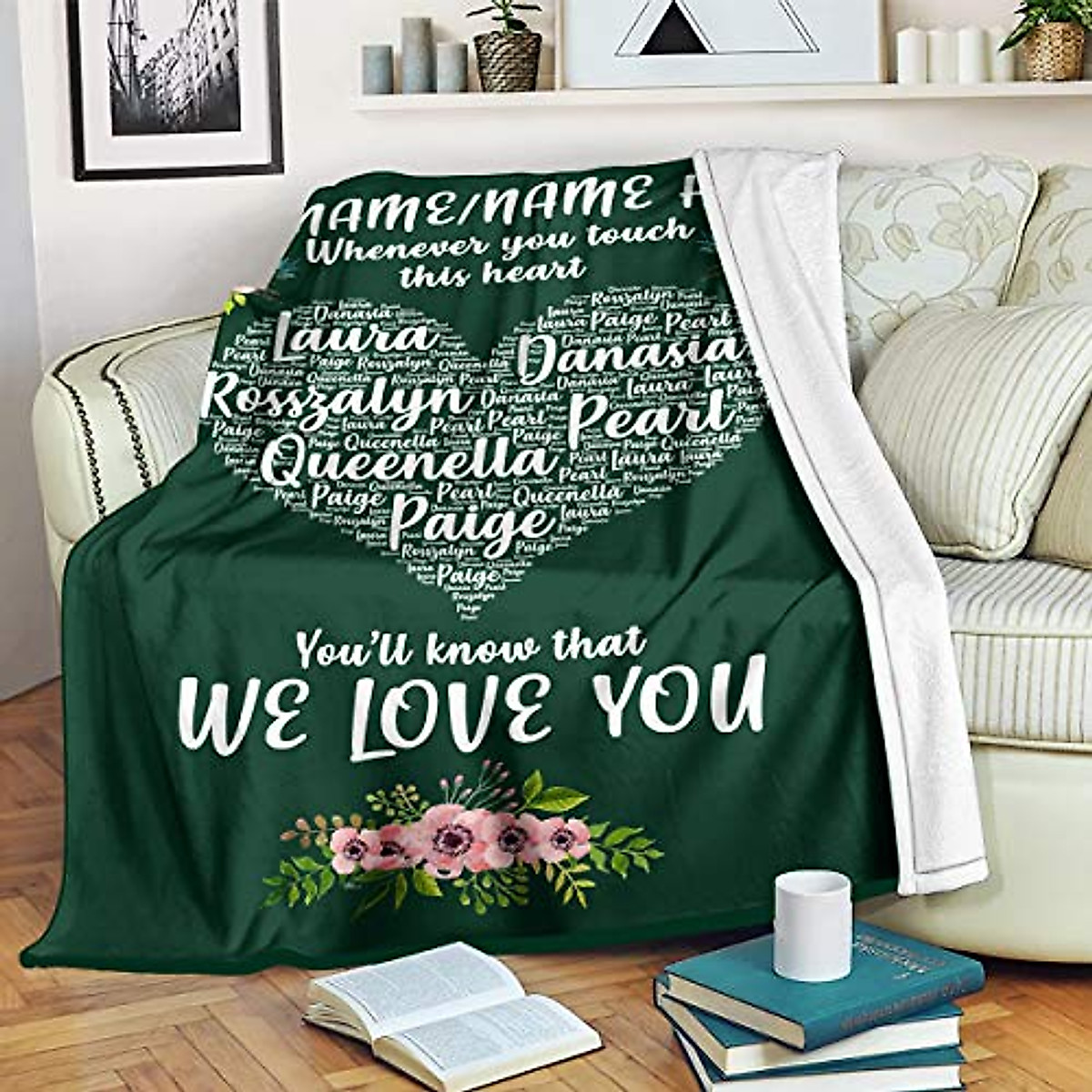 Personalized Custom Kids Grandkids Names for Dad Mom Grandma Nana Grandpa Nana Customized Christmas Holiday Fleece Sherpa Blanket Bed Throw Tapestry Wall Hanging (Green - Touch Heart, Fleece - 50x60)