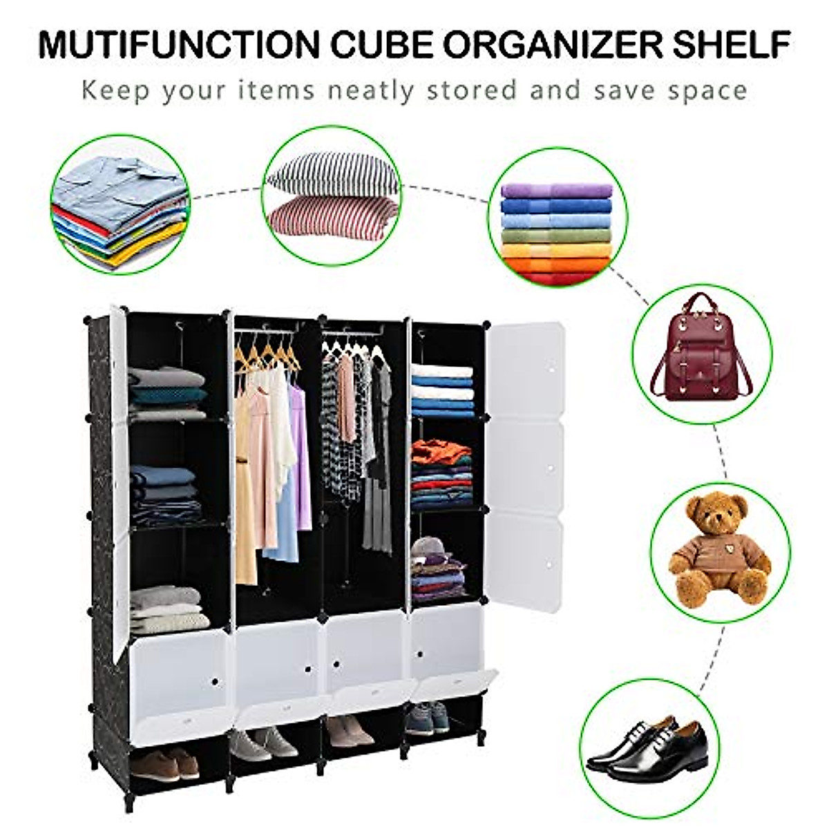 VINGLI Portable Closet Shelves, 16 Cube Clothes Organizer, Plastic Playroom Storage, Storage Closet, DIY Cube Storage Organizer with Doors and Hanging Rods