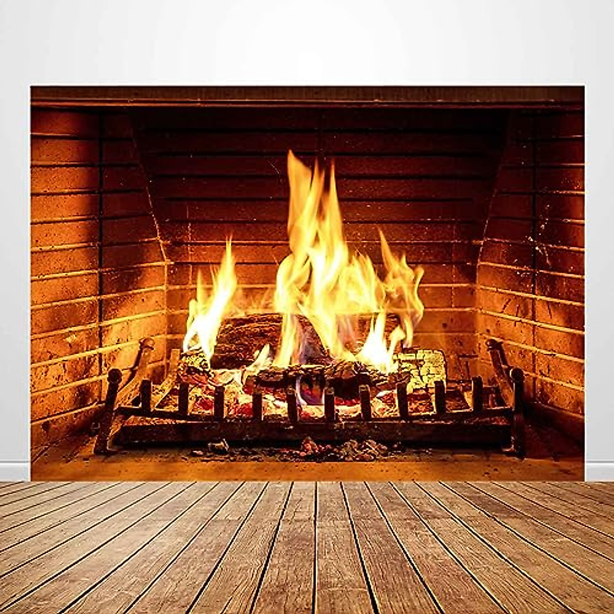 Ladvis 5x3ft Fireplace Burning Firewood Backdrop Christmas Fireplace Backdrop Xmas Background for Winter Holiday Family Party Interior Decorations Festival Banner Photography Photo Studio Propss