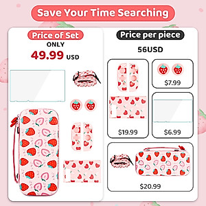 FUNDIARY Cute Strawberry Carrying Case for Nintendo Switch, Travel Bag Accessories Bundle for Switch with Protective Case, Screen Protector, Adjustable Shoulder Strap and 2 Strawberry Thumb Caps