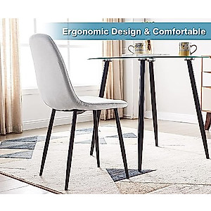 STYLIFING Dining Table Set for 4 Modern 5 Pieces Dining Room Set Mid Century Round Tempered Glass Kitchen Table and 4 Light Grey Modern Velvet Fabric Upholstered Kitchen Chair with Metal Legs