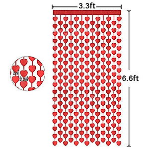 Mosoan 2 Pieces Red Heart Foil Fringe Curtains - 3.3 FT x 6.6 FT Red Heart Streamer for Valentines Party Decorations - Red Fringe Backdrop for Valentines Decor Birthday Wedding Baby Shower