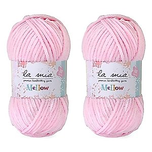 2 Skein La Mia Mellow Velvet Chenille Yarn for Knitting and Crocheting Baby Clothes, Blankets and Accessories, 100% Polyester, 100 gr (3.5 oz) / 115 m (125 Yards), Super Bulky, Pink - 904